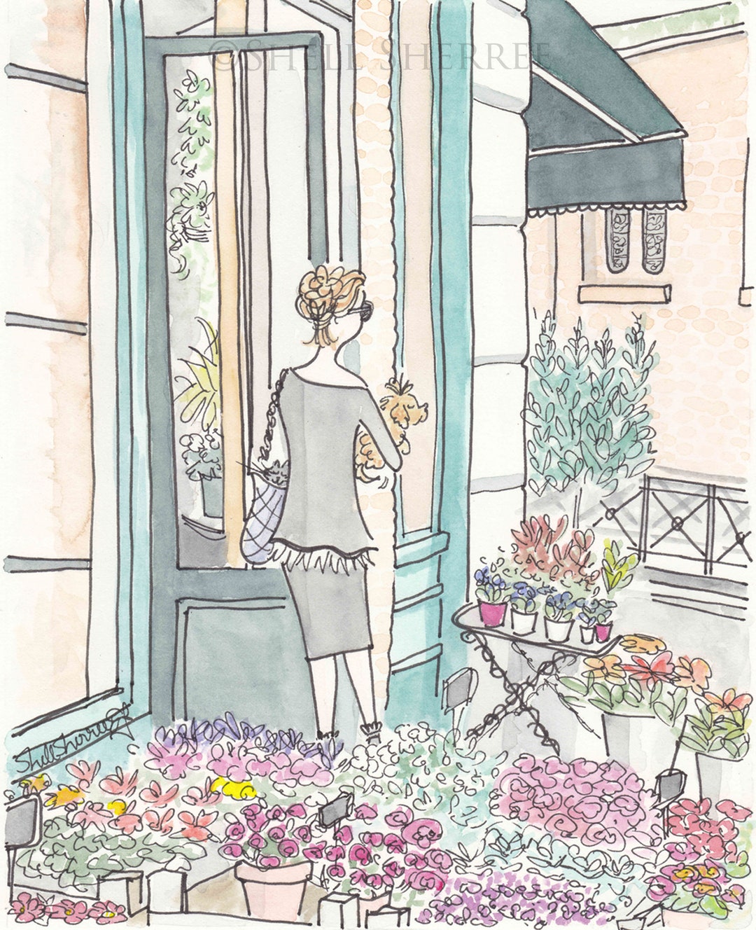 Paris Flower Shop Print: Fashionable Lady, Dog & Cat Illustration - Etsy