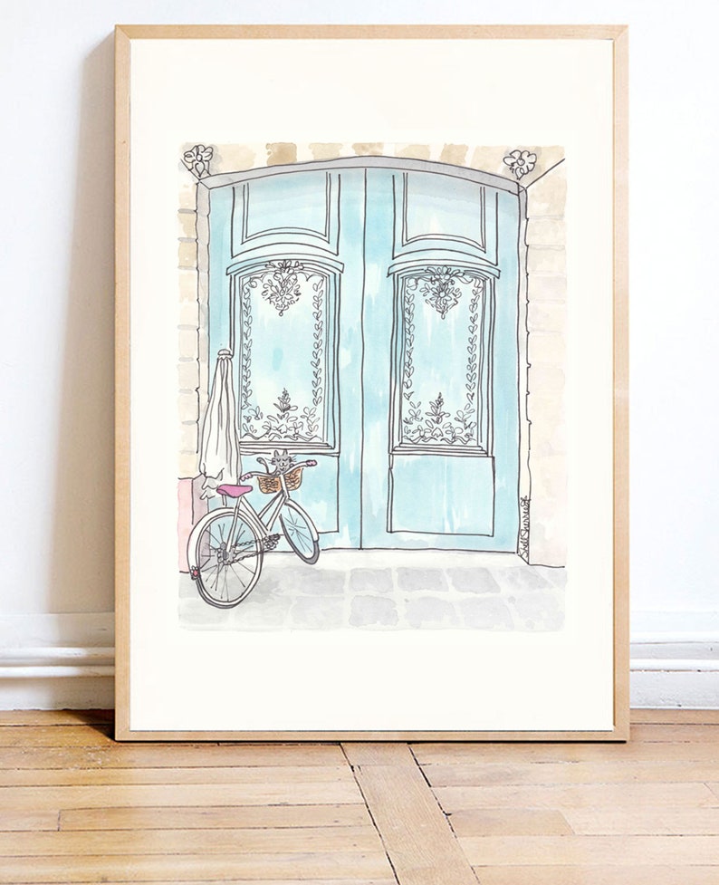 Paris Doors Wall Art Print With Bicycle With Cat Wall Art - Etsy