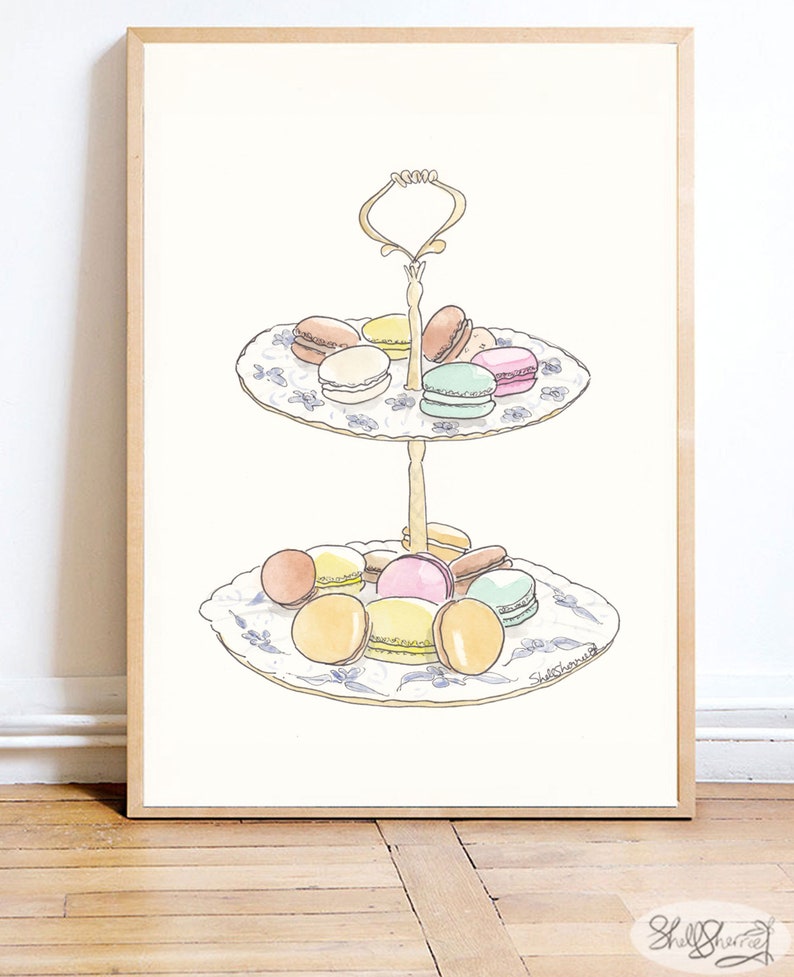 French Kitchen Print Macarons on Blue and White Stand Wall Art - Etsy