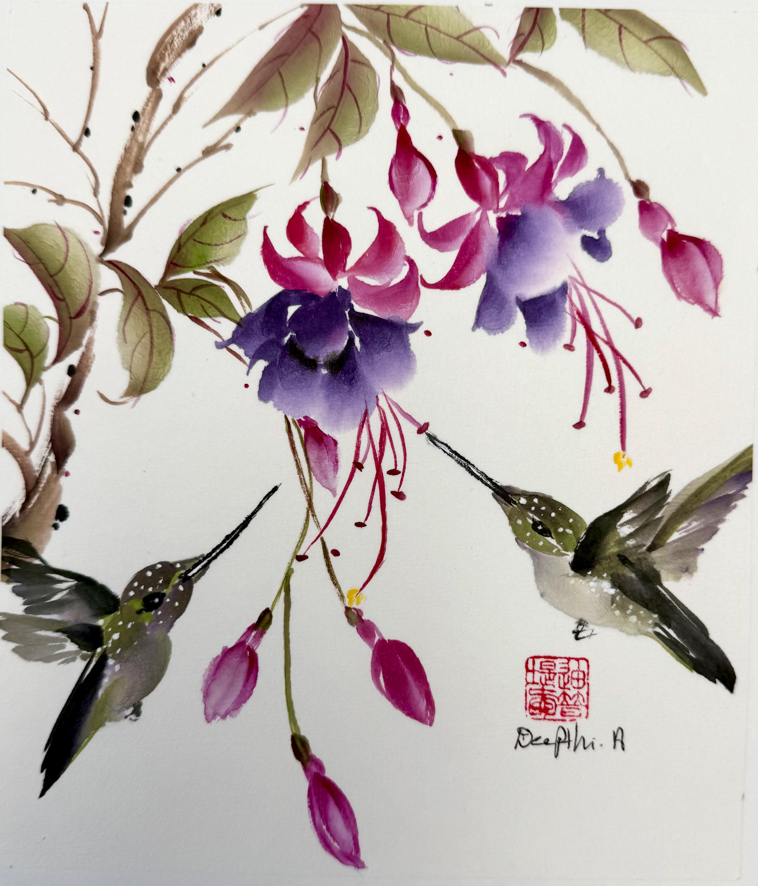 Hummingbird & Fuchsia Painting: Original Chinese Watercolor Art - Etsy