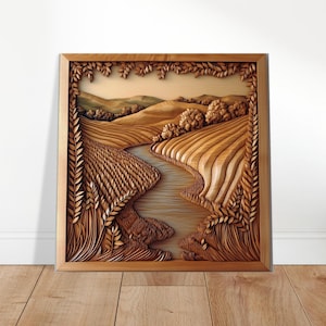 Countryside Meander, Wood Carving Designs of Fields and River ...