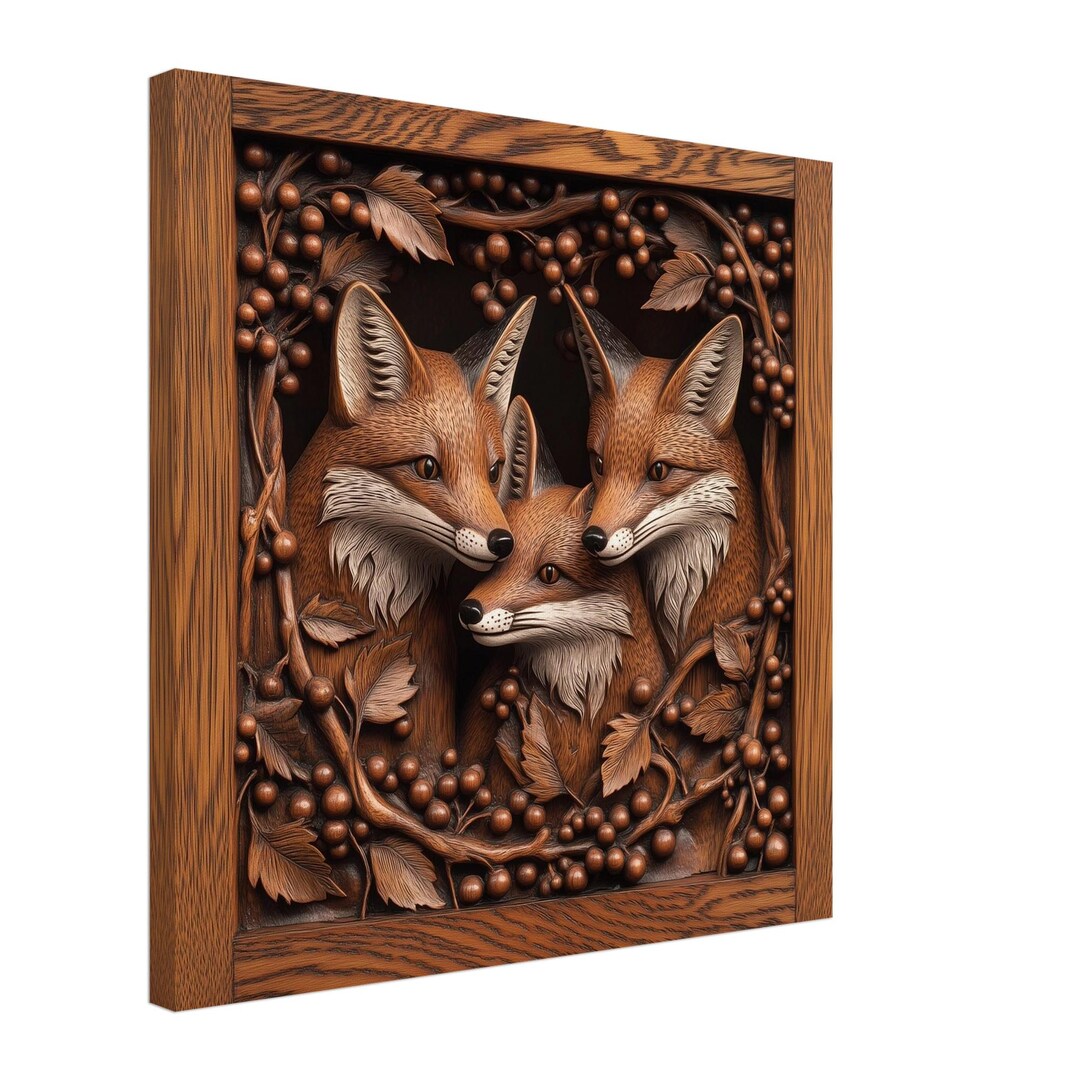 Fox Family, Wood Carving Designs of Foxes Among Berries, Woodcarving ...