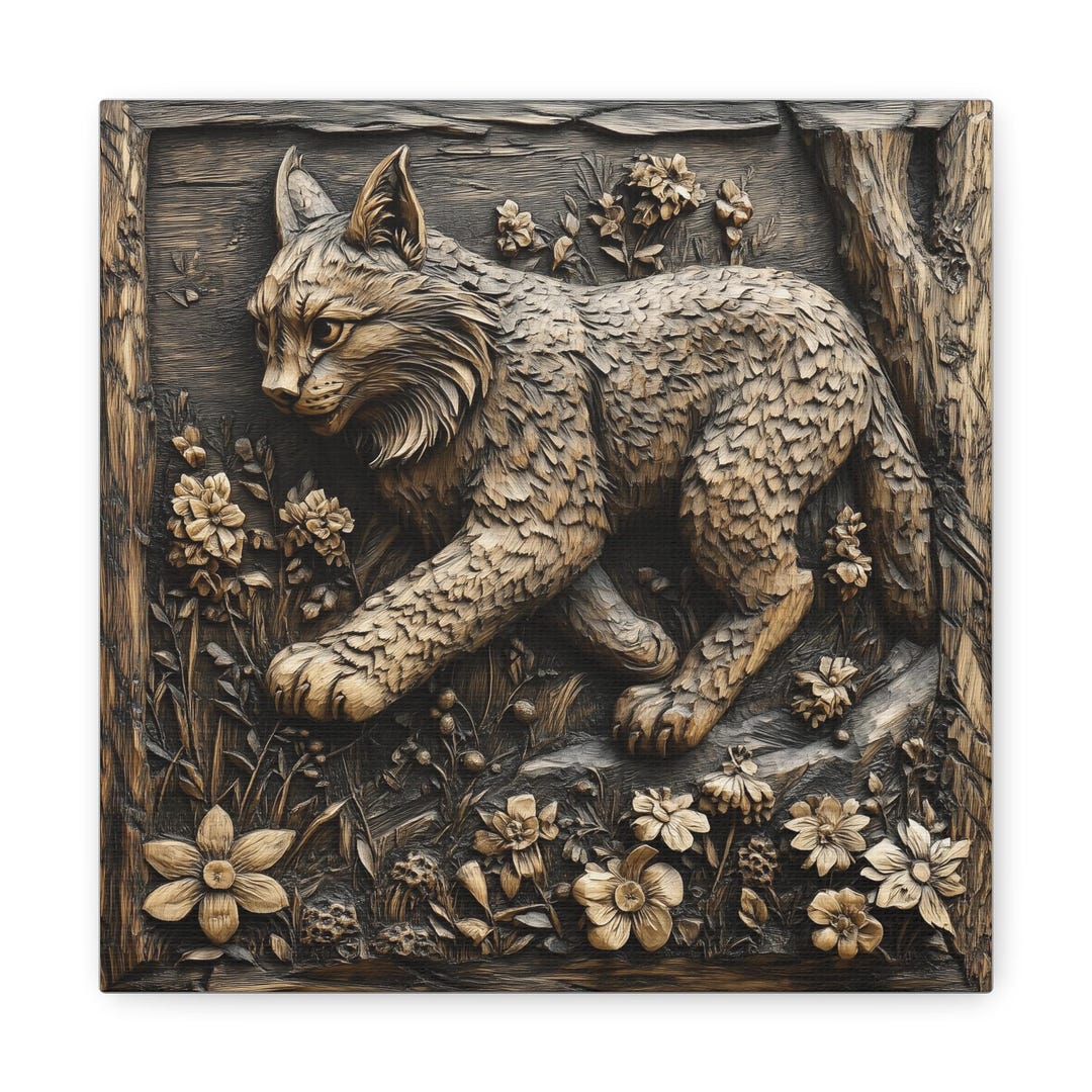 Forest Shadow, Wood Carving Designs of a Lynx Among Wildflowers ...