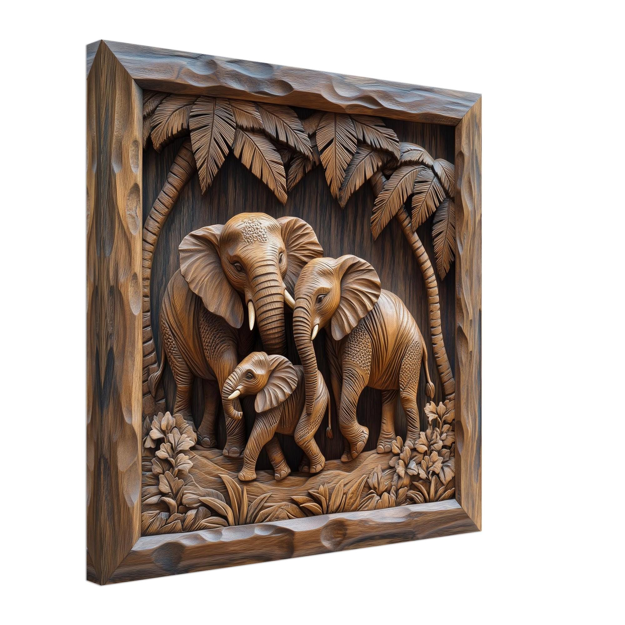 Gentle Giants Trio, Wood Carving Designs of Elephants Under Palms ...