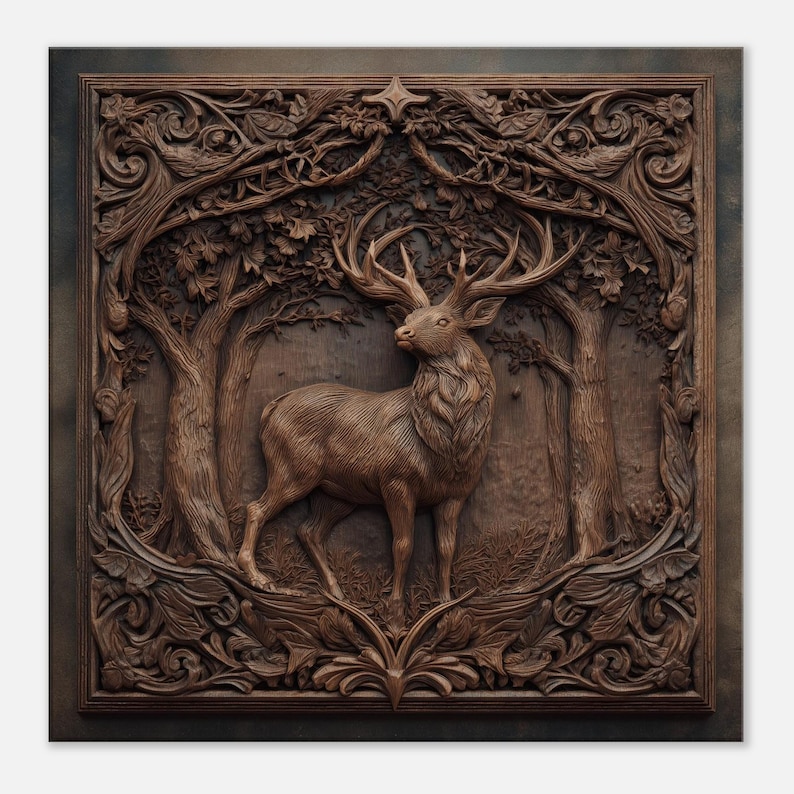Forest Monarch, Wood Carving Designs of a Stag, Woodcarving Art Print ...