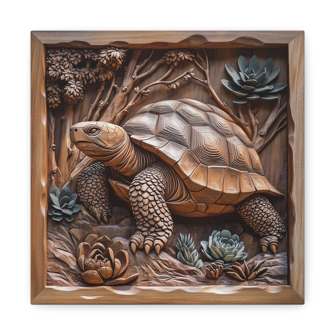 Steady Grace, Wood Carving Designs of a Tortoise in a Tranquil Garden ...