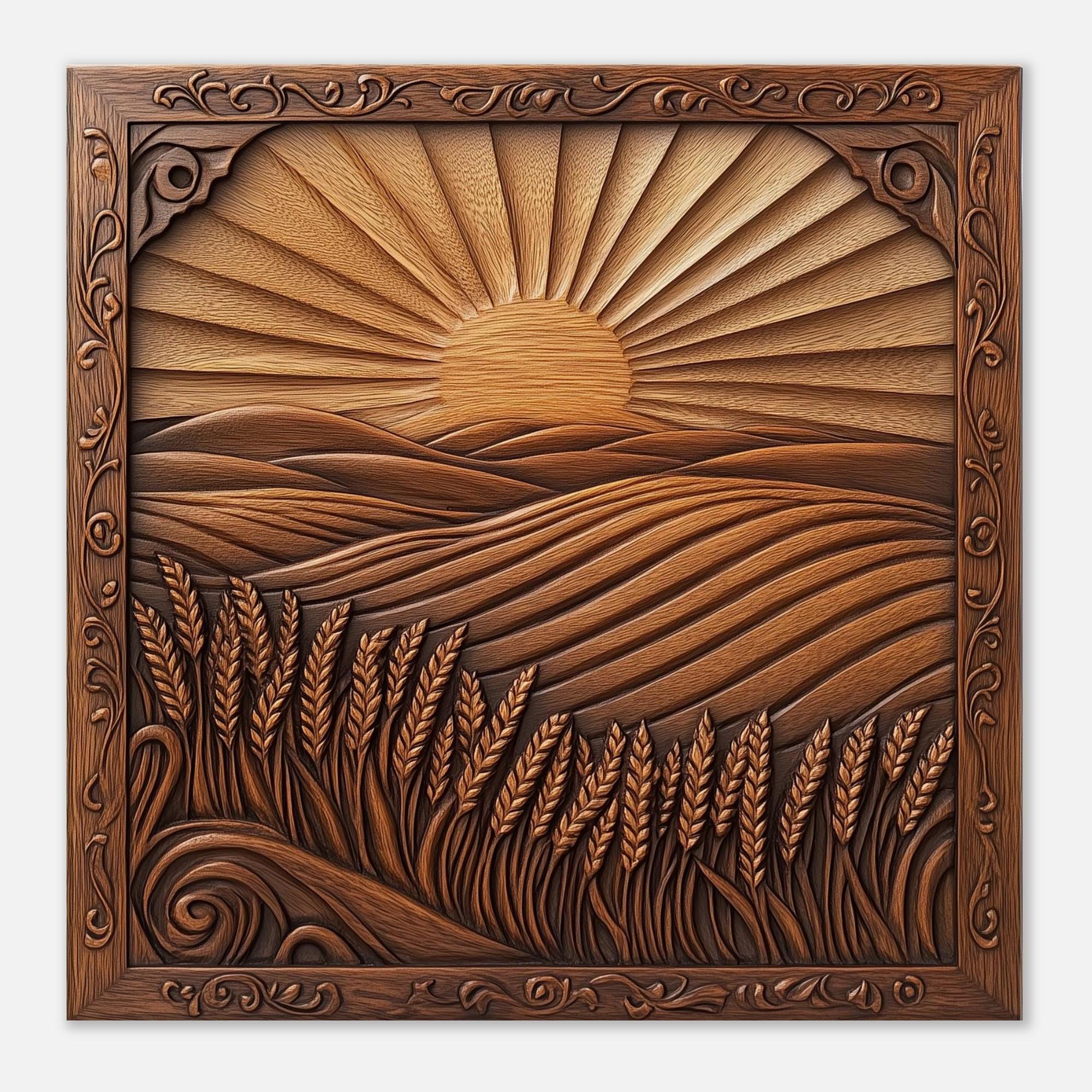Golden Harvest, Wood Carving Designs of Wheat Fields at Sunset ...
