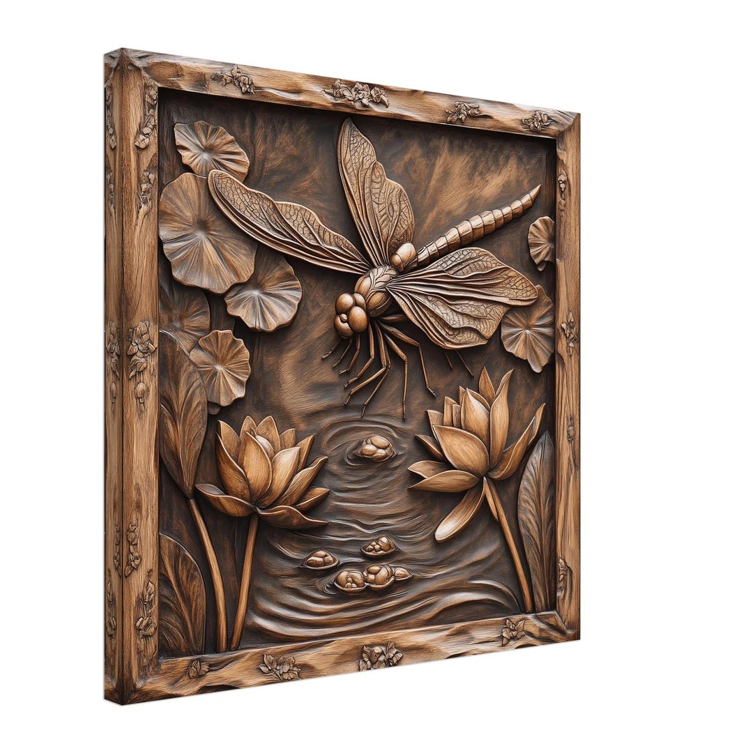 Dragonfly & Lotus, Wood Carving Designs of a Dragonfly on Water Lilies ...