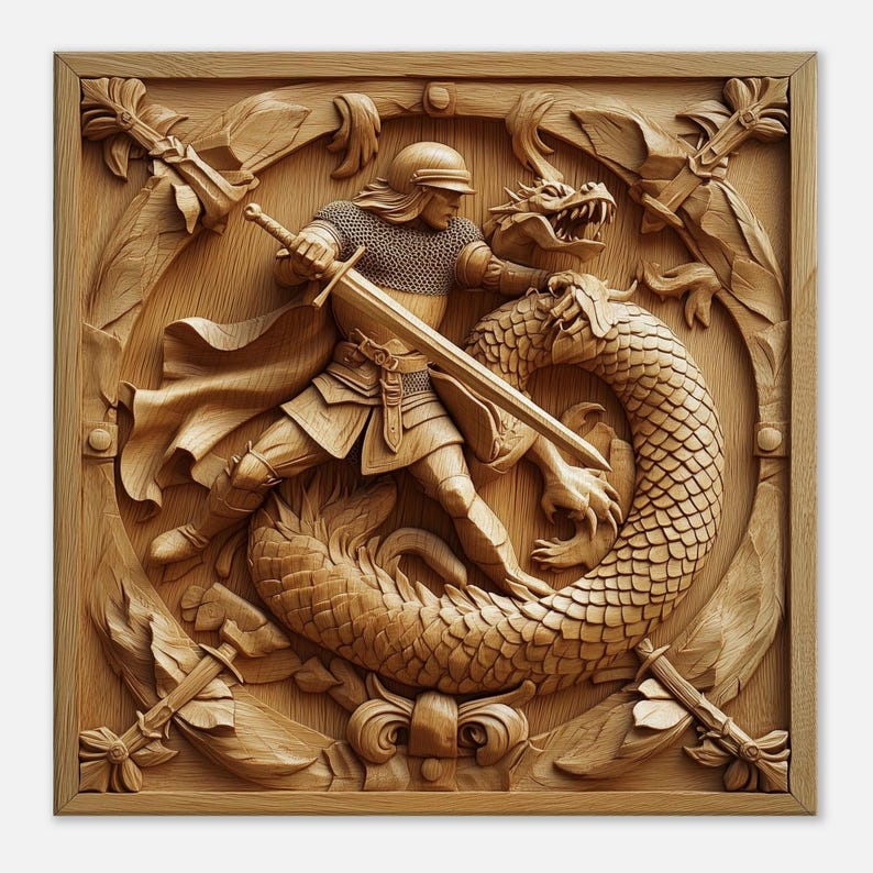 Dragon Slayer, Wood Carving Designs of Medieval Combat, Woodcarving Art ...