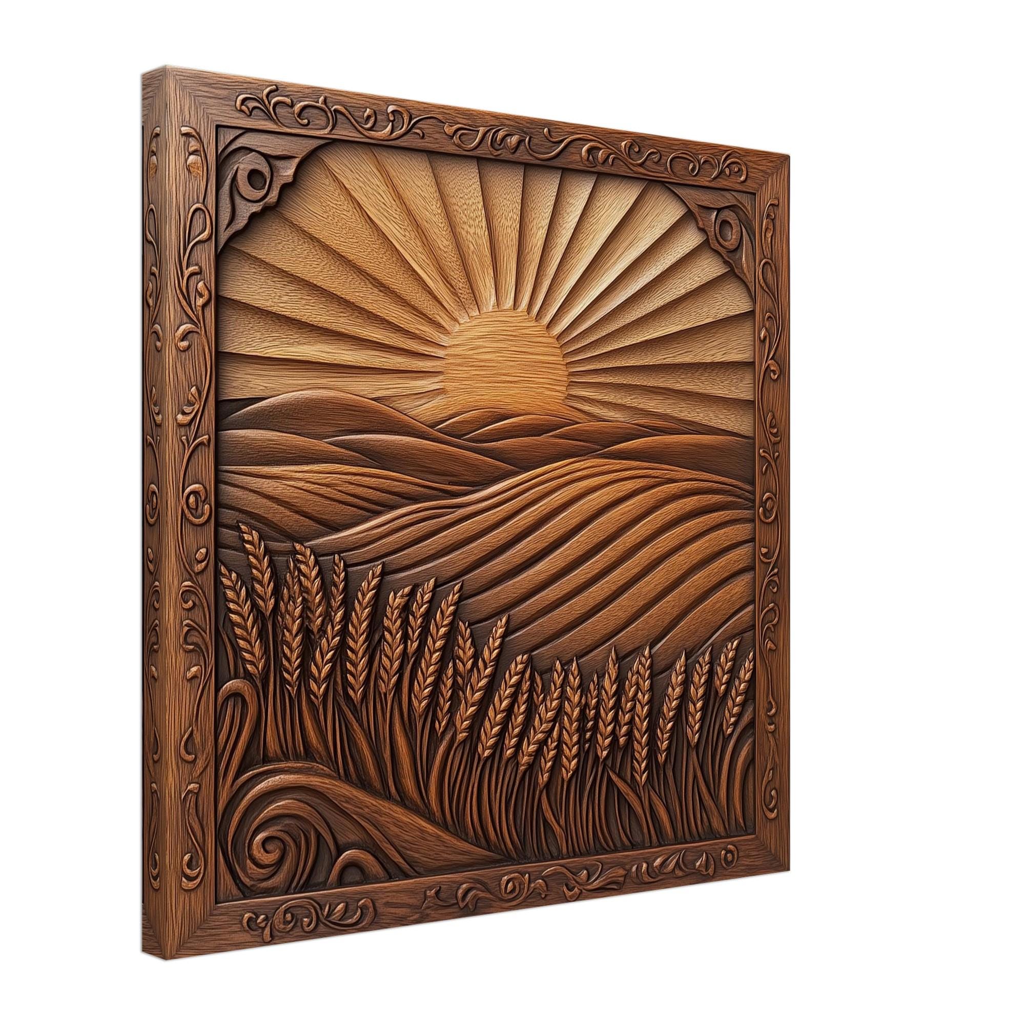 Golden Harvest, Wood Carving Designs of Wheat Fields at Sunset ...