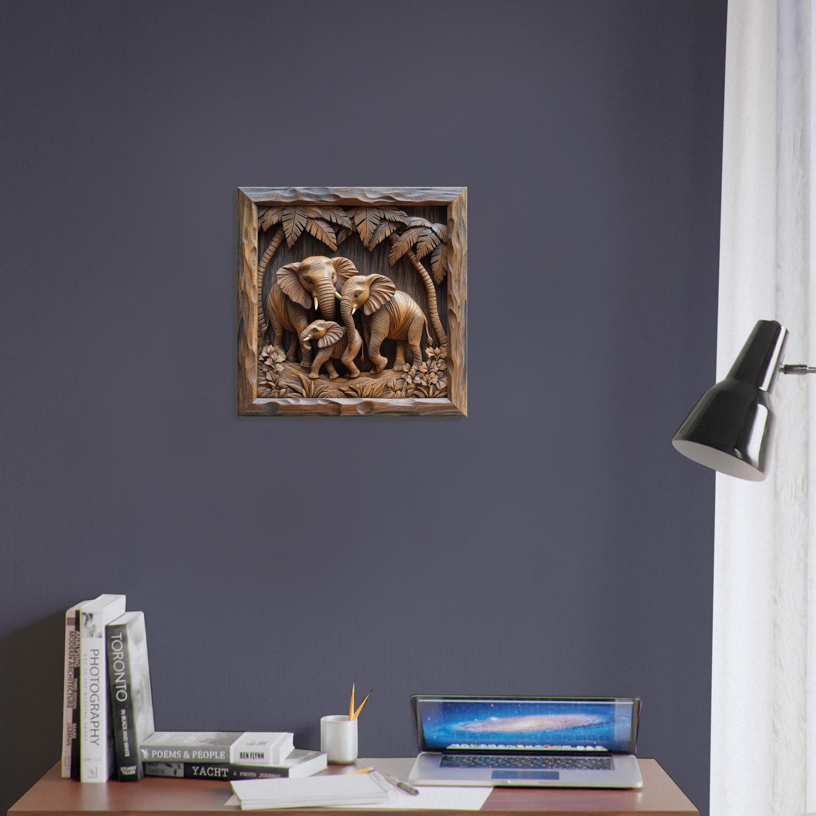 Gentle Giants Trio, Wood Carving Designs of Elephants Under Palms ...