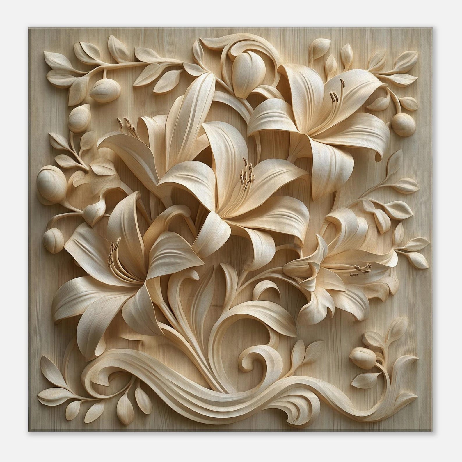 Ivory Lilies, Wood Carving Designs of Pale Lily Blooms, Woodcarving Art ...