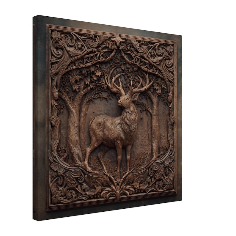 Forest Monarch, Wood Carving Designs of a Stag, Woodcarving Art Print ...
