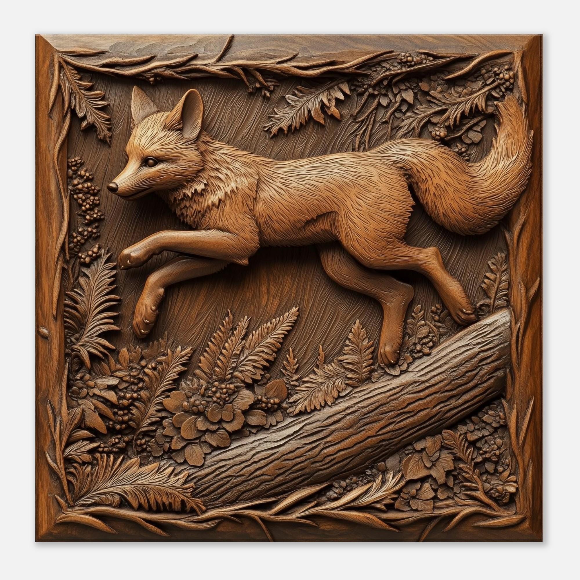 Leaping Fox, Wood Carving Designs of Wildlife in Forest, Woodcarving ...