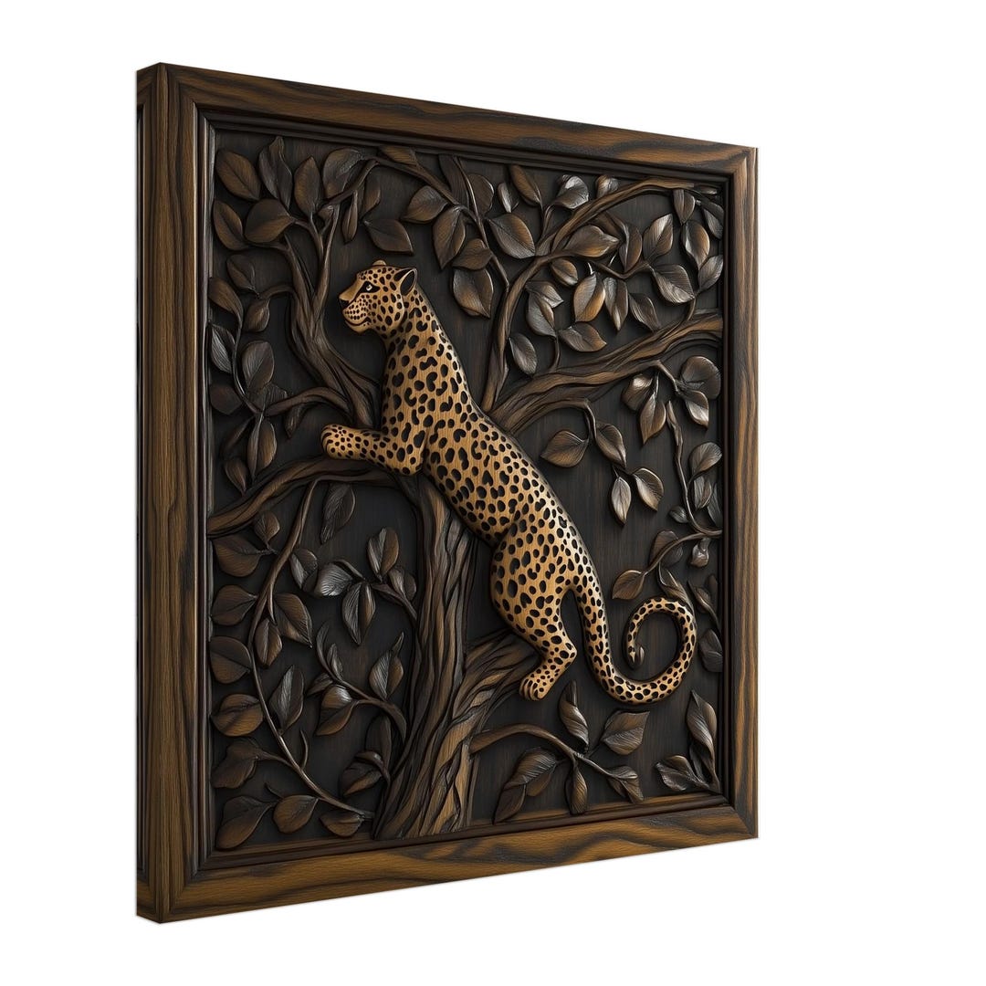 Arboreal Leopard Ascent, Wood Carving Designs of Jungle Cat ...
