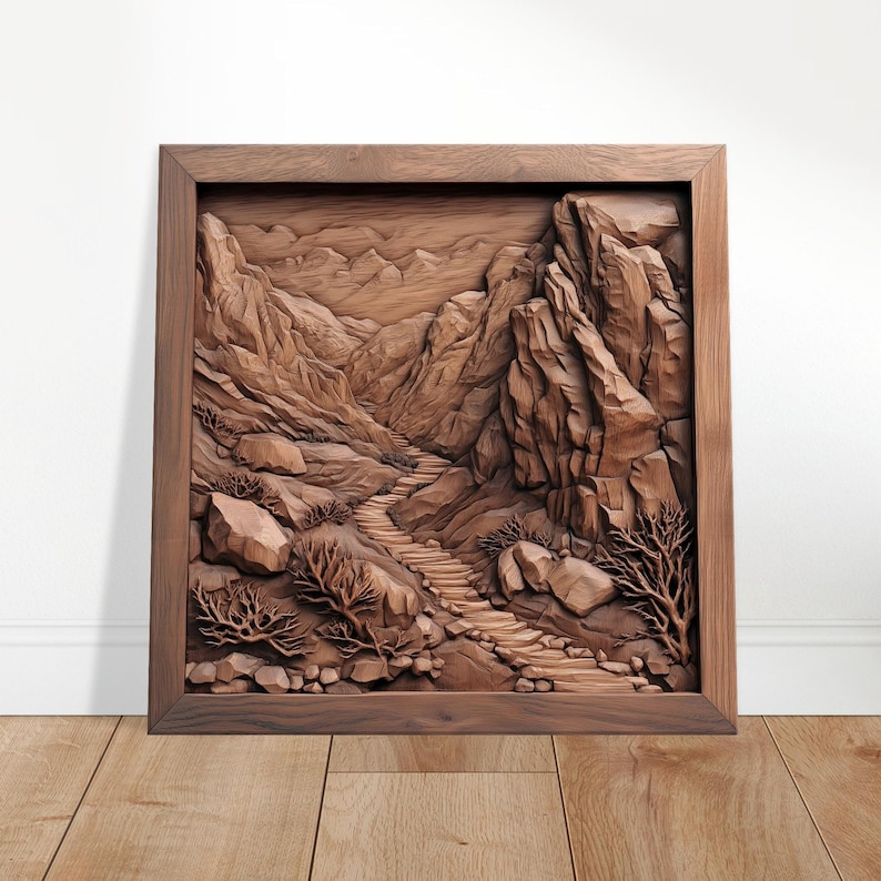 Mountain Ascent, Wood Carving Designs of a Stone Path, Woodcarving Art ...