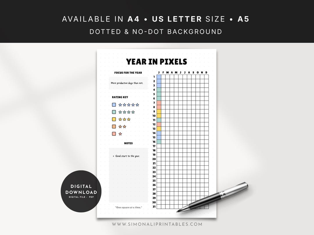 Year in Pixels Printable | Mood & Habit Tracker | A4 A5 US Letter ...