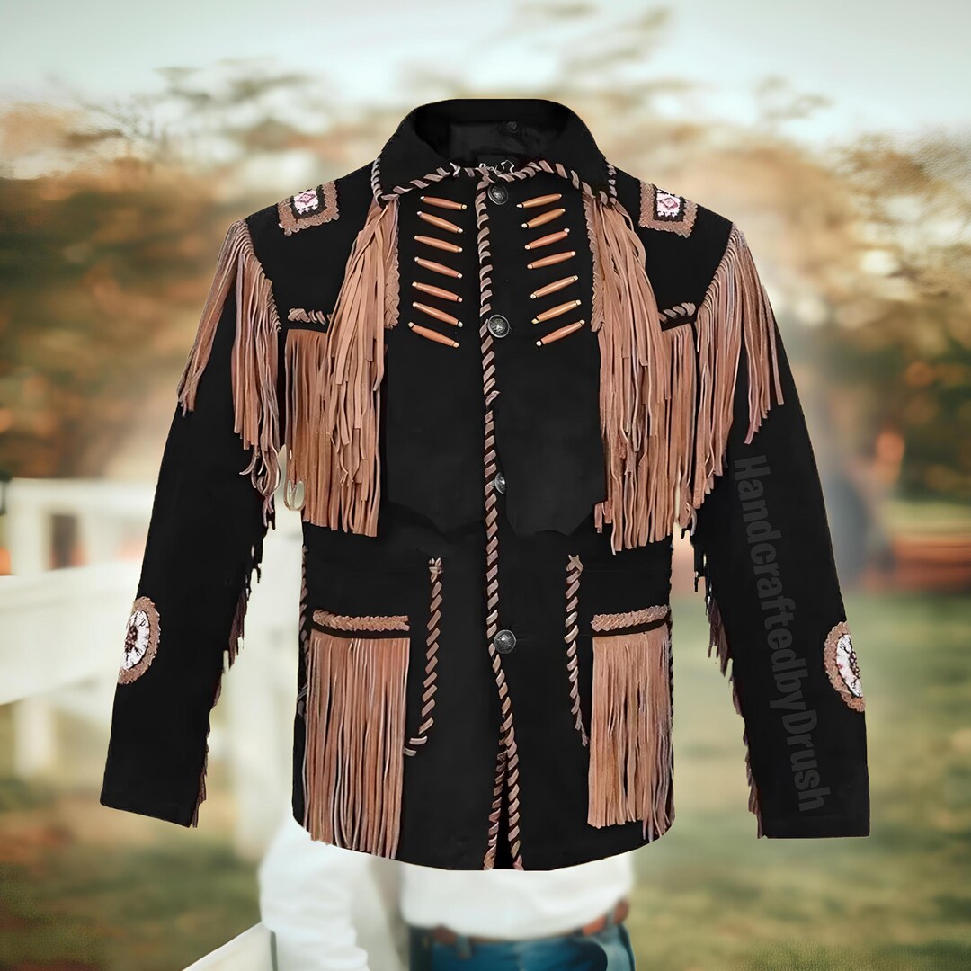 Men’s Western Cowboy Beaded Fringe Jacket | Native American Cowhide ...