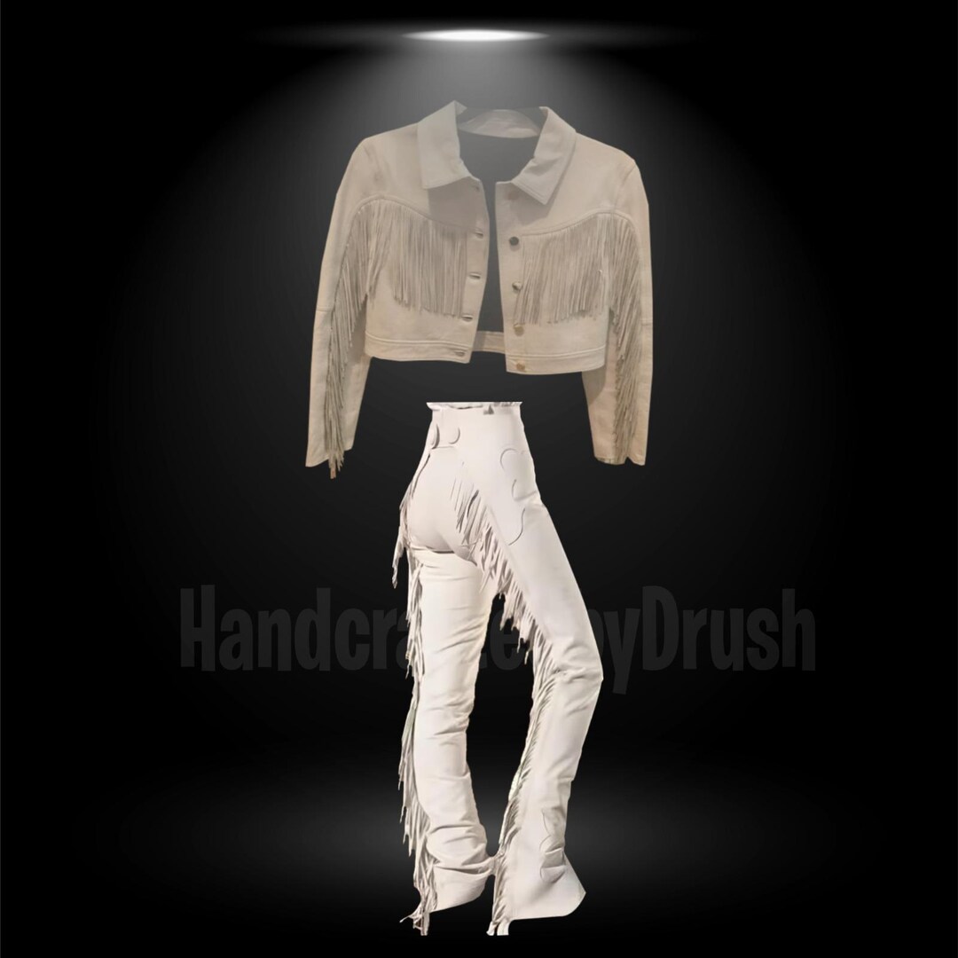 White Real Leather Cowgirl Show Chaps With Short Jacket Set | Exclusive ...