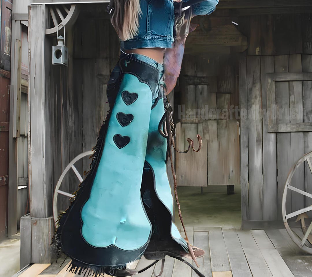 Handmade Leather Cowgirl Chaps Turquoise & Black Western Rodeo Pants ...