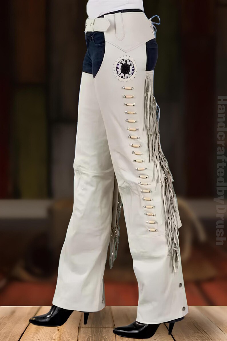 Handmade Women's White Leather Biker Chaps With Fringe | Navajo Beaded ...
