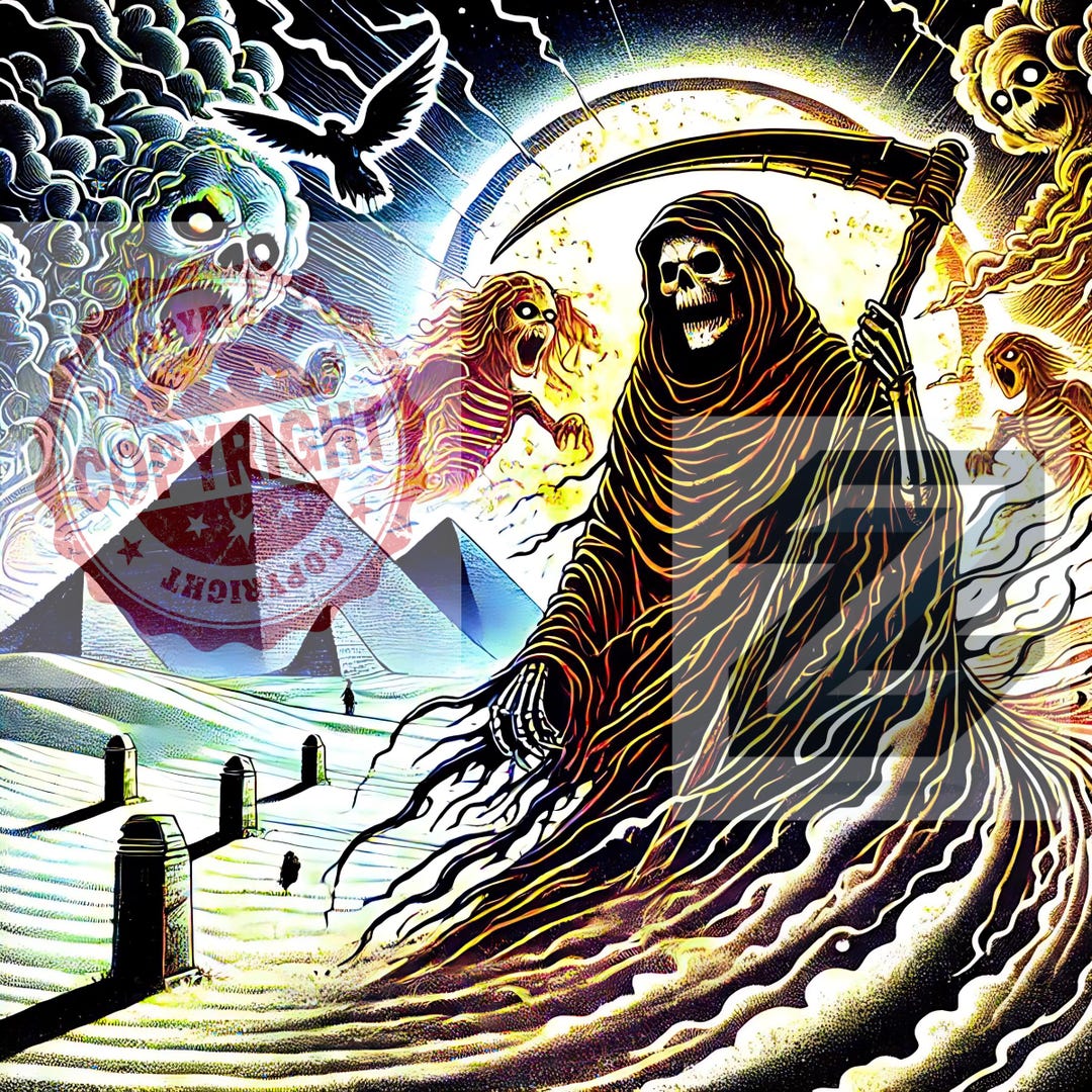 Grim Reaper in the Sands: Surreal Fantasy Digital Art With Pyramids in ...
