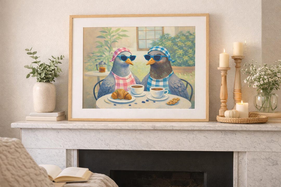 Cute Pigeon Café Illustration | Whimsical Bird Art Print | Coffee ...