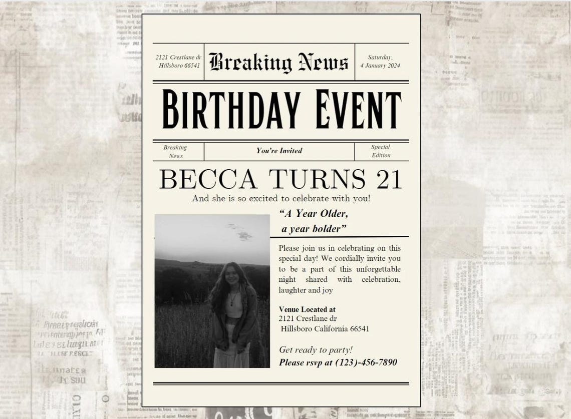 Newspaper Birthday Invitation, Birthday Invite, Vintage Newspaper ...