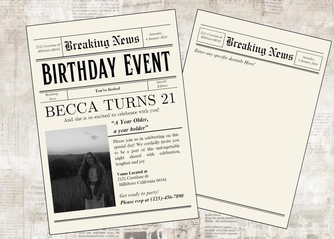 Newspaper Birthday Invitation, Birthday Invite, Vintage Newspaper ...