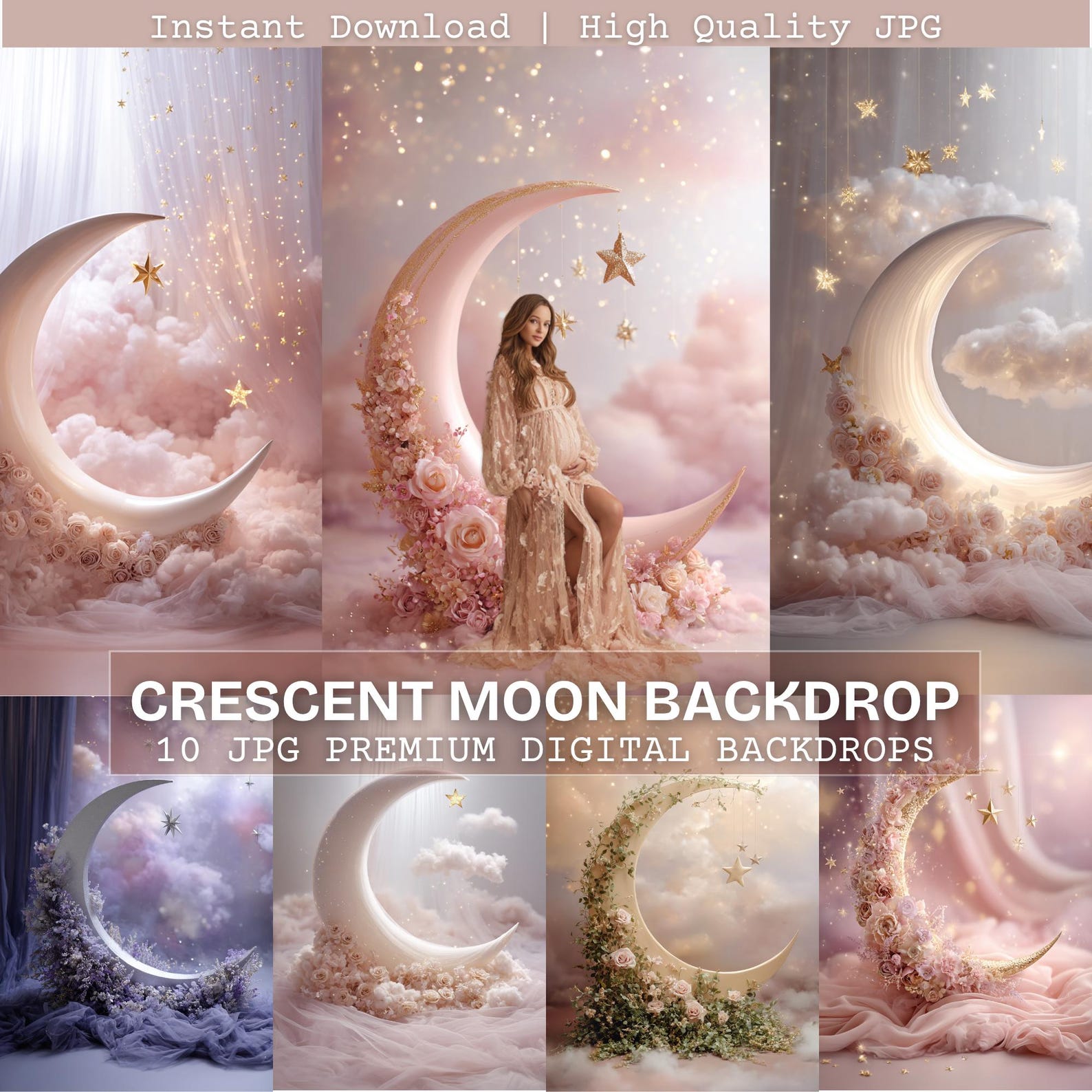 Floral Crescent Moon Backdrop, Maternity Backdrops, Studio Digital ...