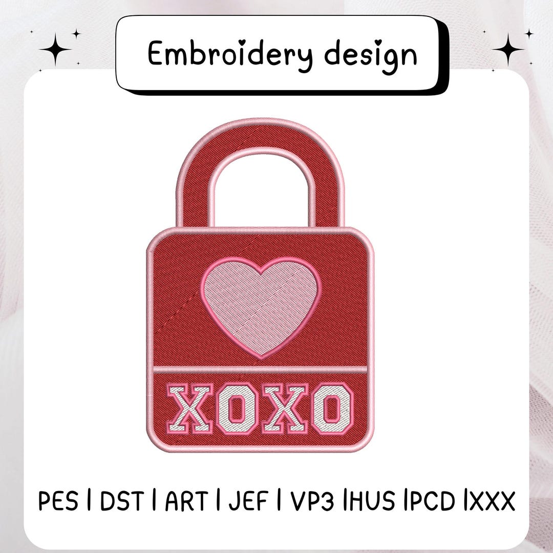 XOXO Lock Embroidery Design, Red Padlock With Heart Machine Embroidery ...