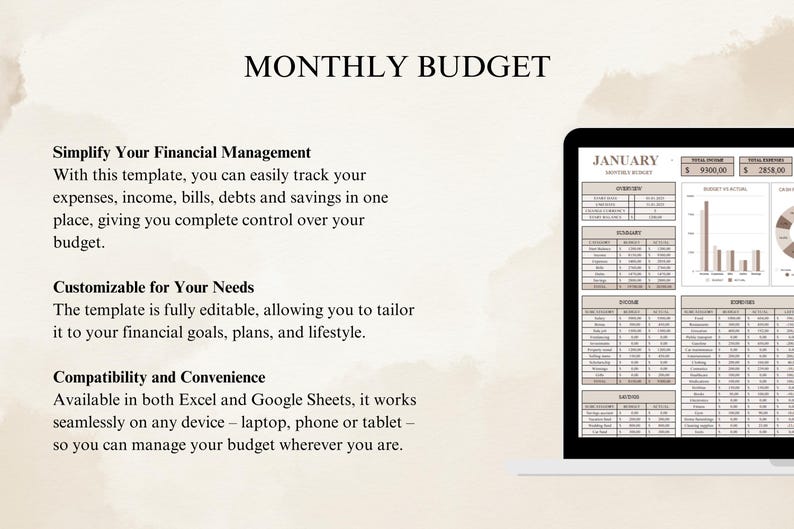 Monthly Budget Spreadsheet Template Excel & Google Sheets Track Income ...