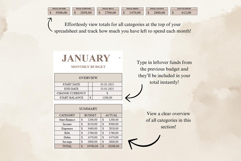 Monthly Budget Spreadsheet Template Excel & Google Sheets Track Income ...