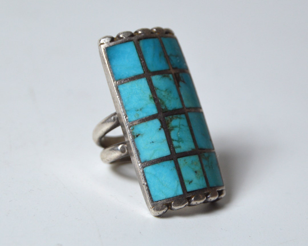 Vintage NAVAJO Jimi Hendrix Silver Turquoise Grid Ring Old Pawn - Etsy