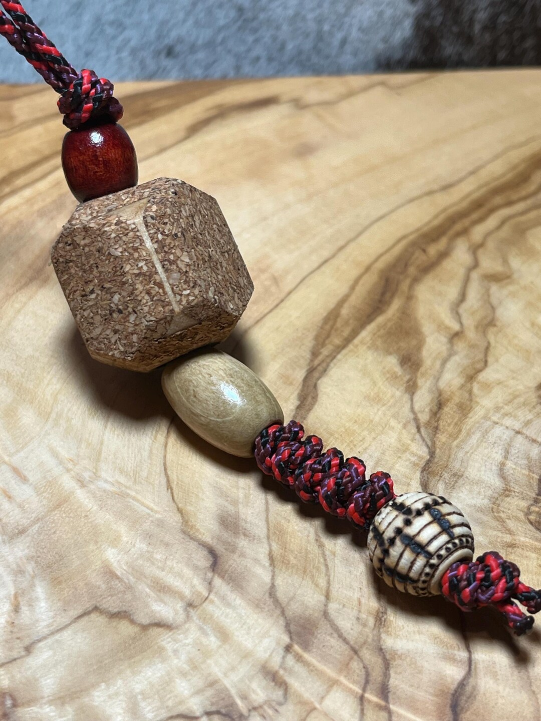 Cork and Wood Lanyard Bead on Micro Cord With Custom Wooden Bead. Knife ...