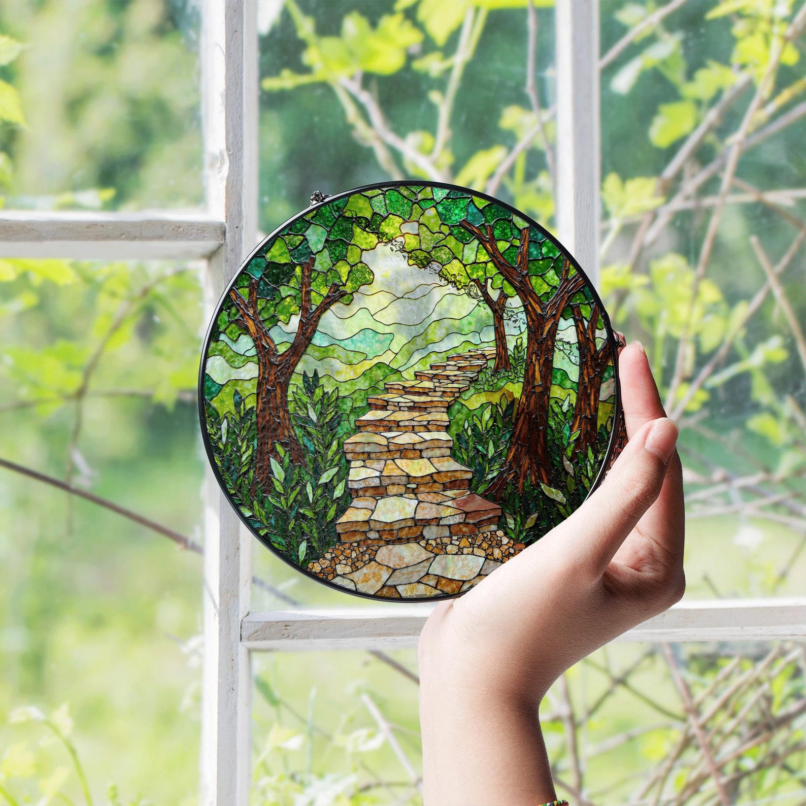 Stained Glass Pathway Suncatcher Green Trees Nature Gift for Nature ...