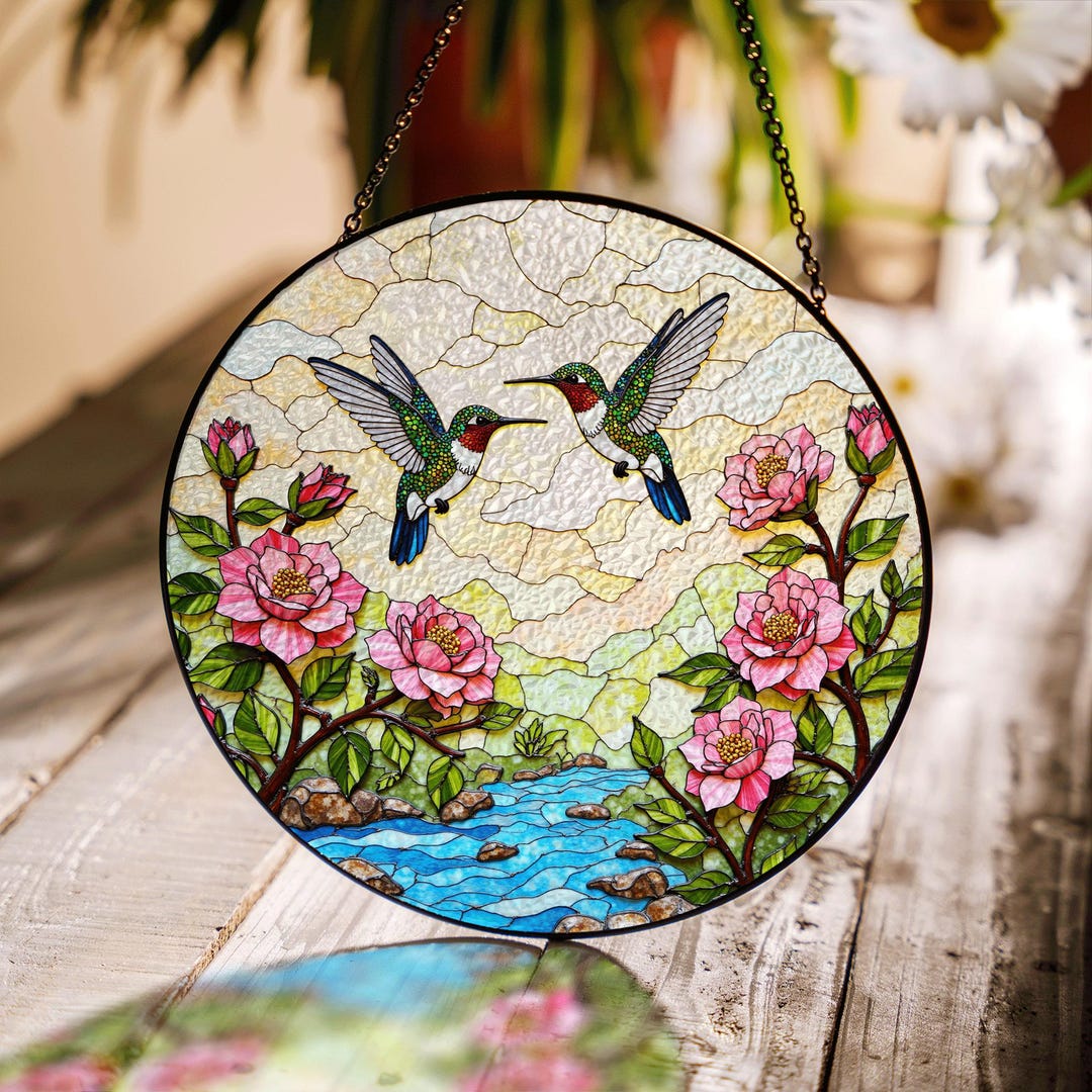 Hummingbirds and Roses Glass Art Suncatcher Round Window Decor Gift for ...