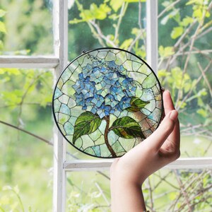 Blue Hydrangea Flower Stained Glass Suncatcher Floral Window Hanging ...