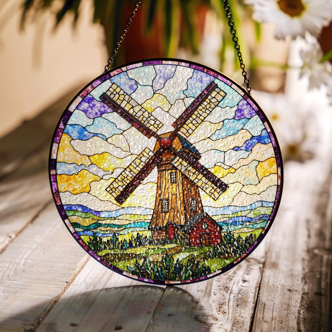 Stained Glass Windmill Suncatcher Beautiful Landscape Window Art Unique ...