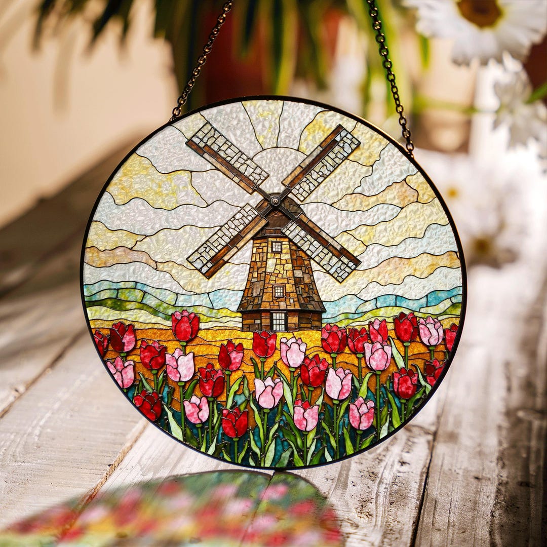 Tulip Field Windmill Art Stained Glass Window Hanging Suncatcher Gift ...