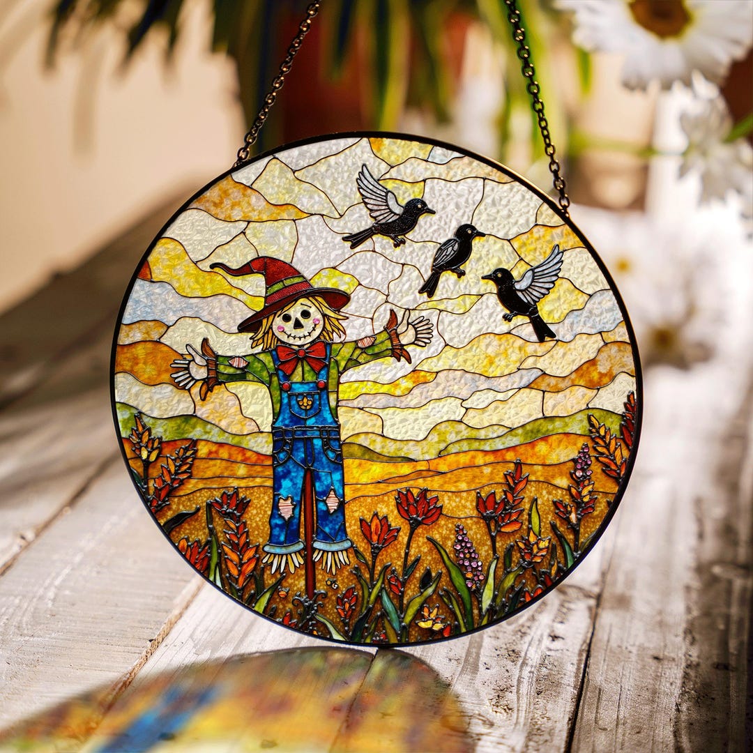 Whimsical Scarecrow Stained Glass Suncatcher Fall Window Decor ...