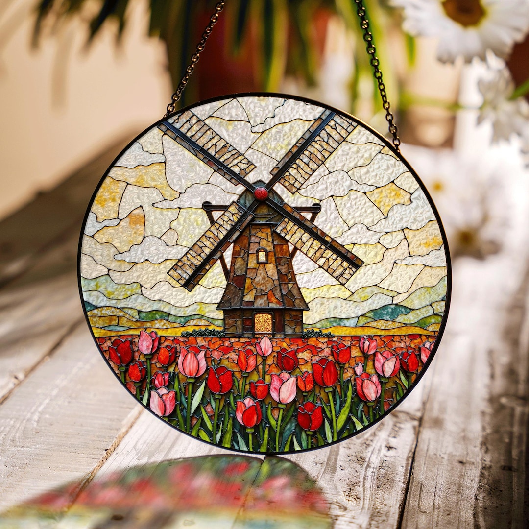 Dutch Windmill Tulip Field Round Stained Glass Style Suncatcher Gift ...