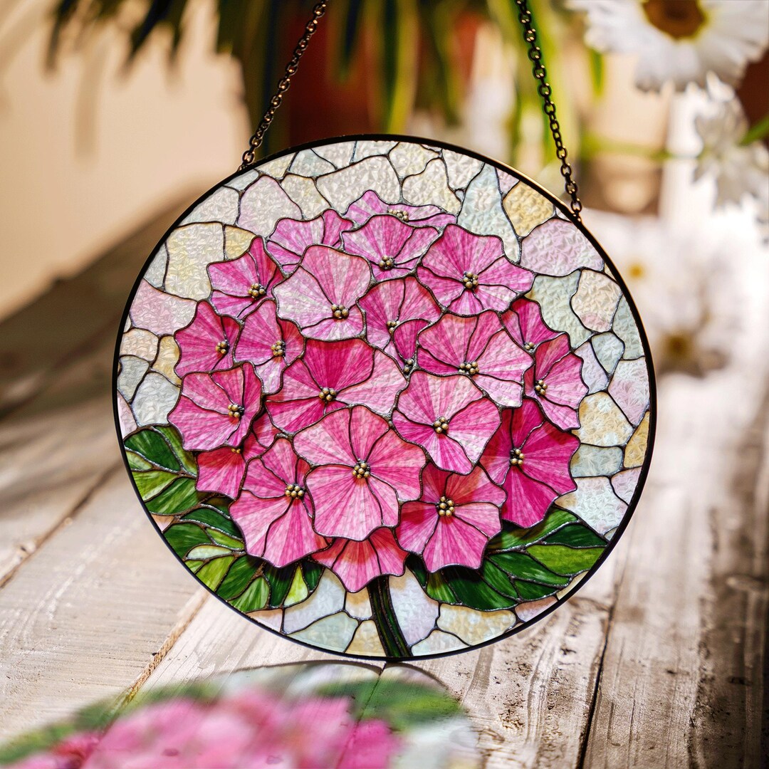 Pink Hydrangea Floral Glass Panel Round Window Decor Stained Glass ...