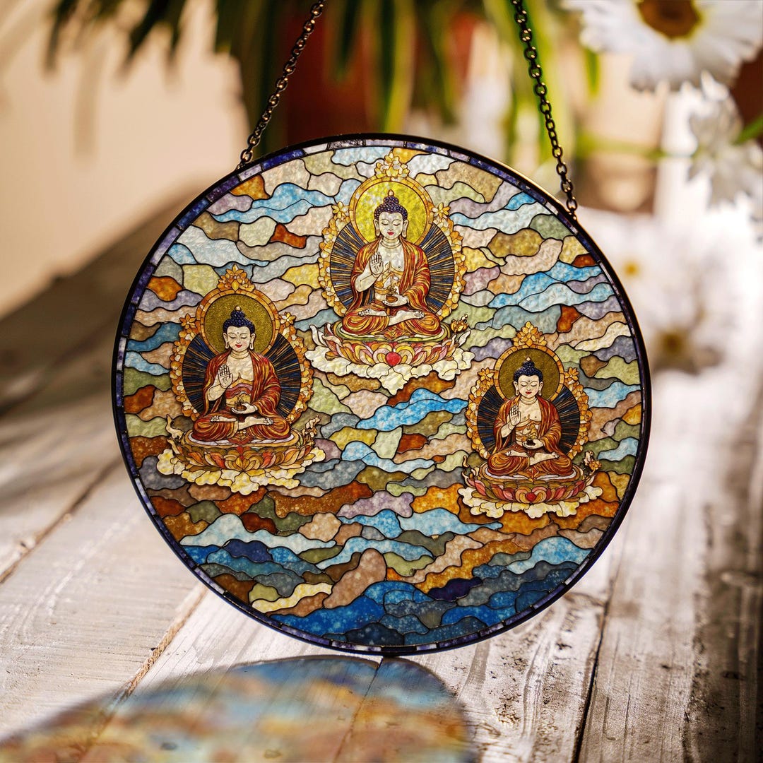 Three Buddha Stained Glass Suncatcher Spiritual Window Hanging Buddhist ...