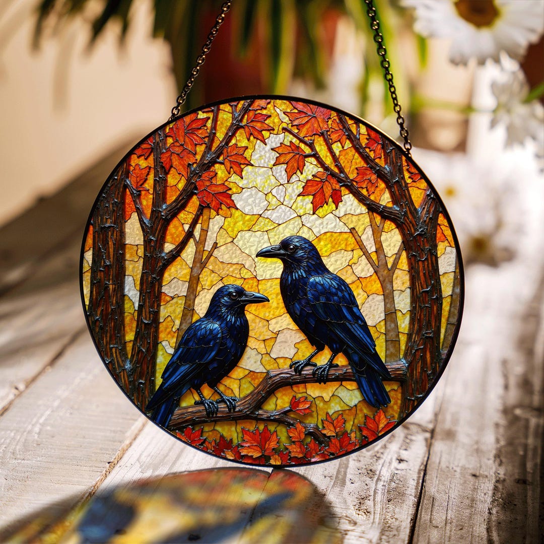 Stained Glass Ravens Suncatcher Autumn Birds Window Decor Gift for Bird ...