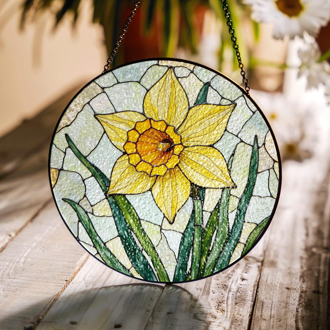 Yellow Daffodil Stained Glass Suncatcher Window Art Gift for Flower ...