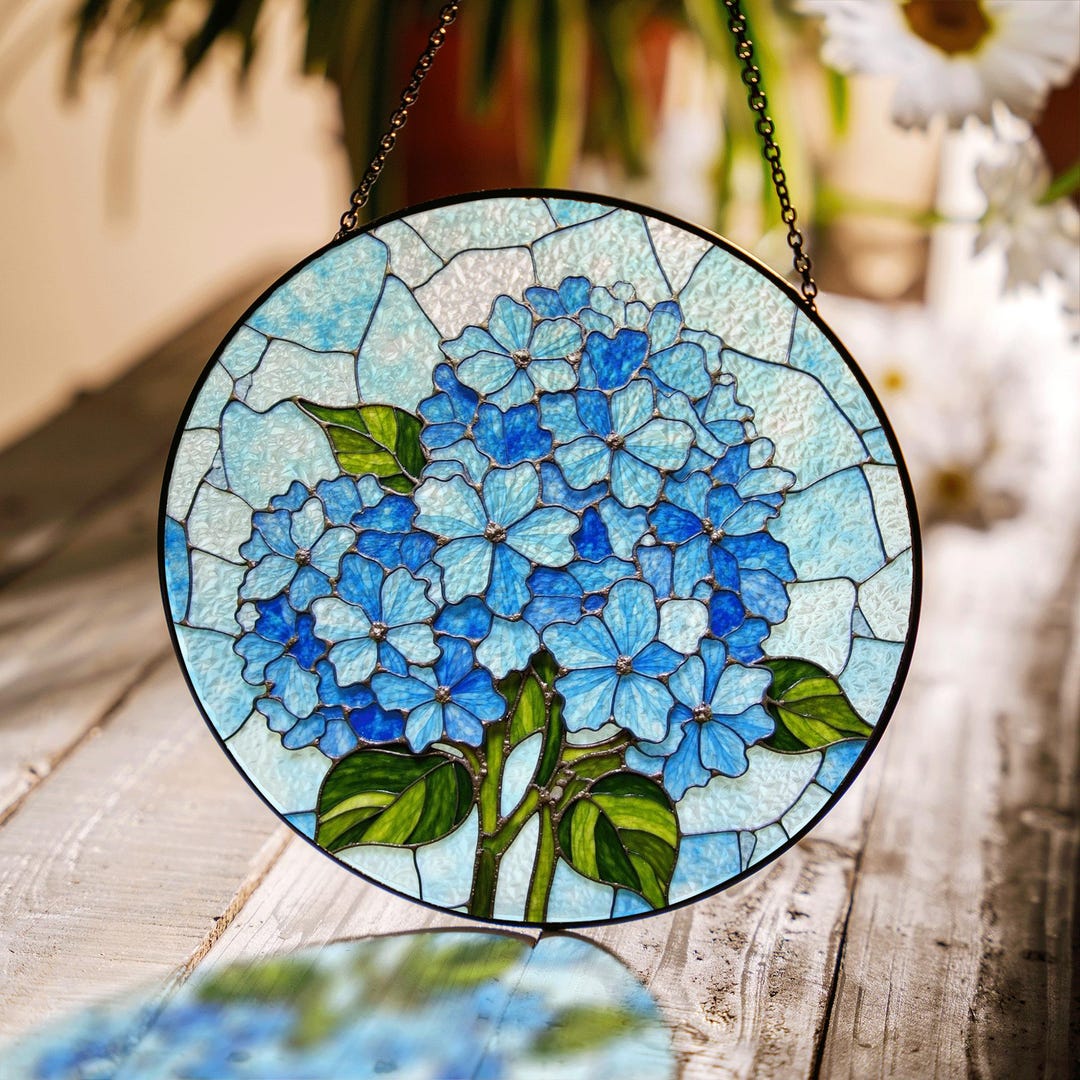 Blue Hydrangea Floral Stained Glass Round Suncatcher Window Decor Gift ...