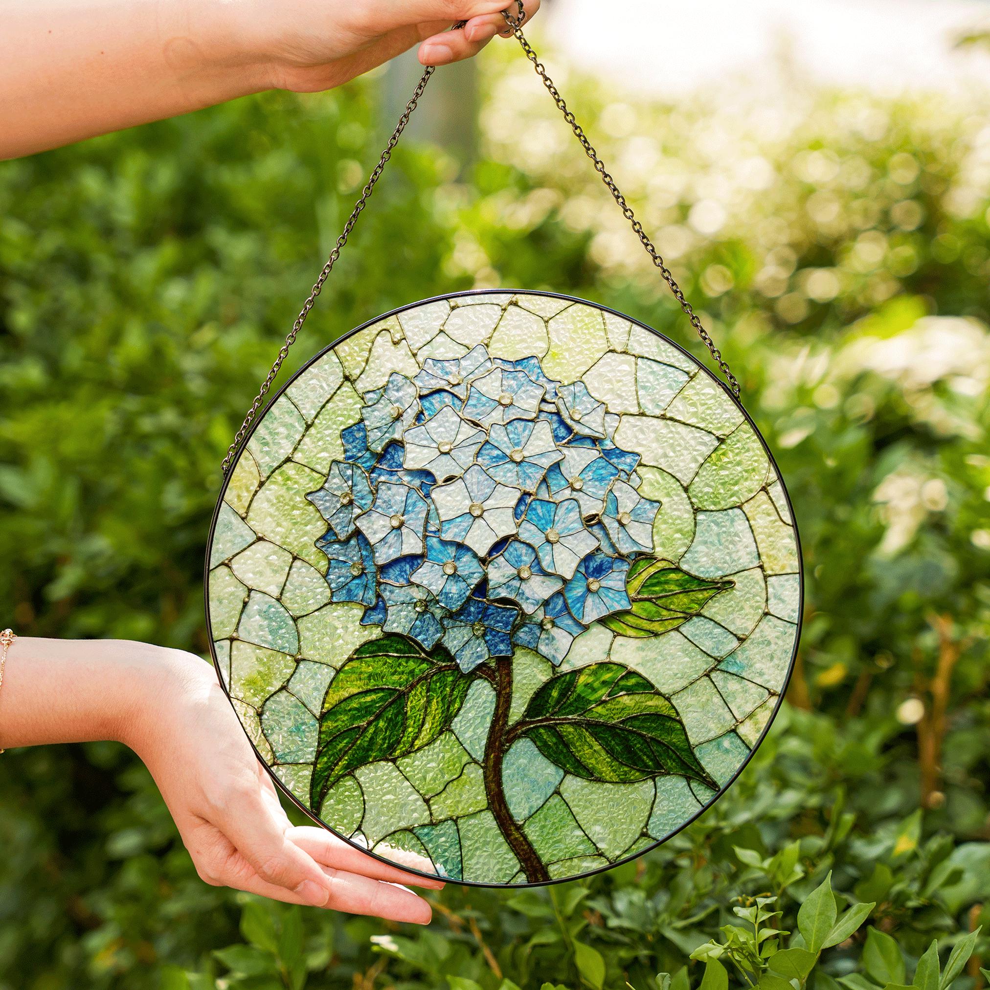 Blue Hydrangea Flower Stained Glass Suncatcher Floral Window Hanging ...