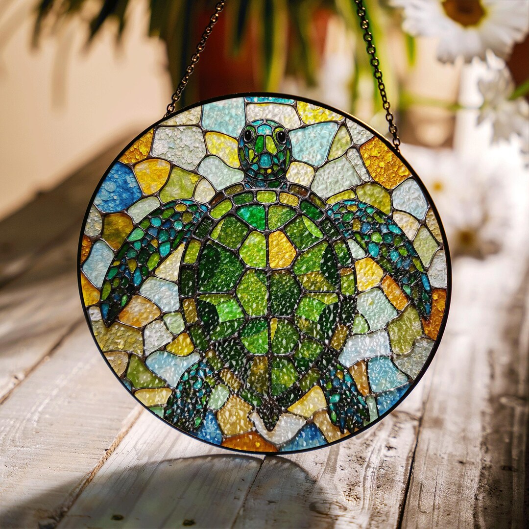 Turtle Stained Glass Suncatcher Vibrant Green and Blue Window ...