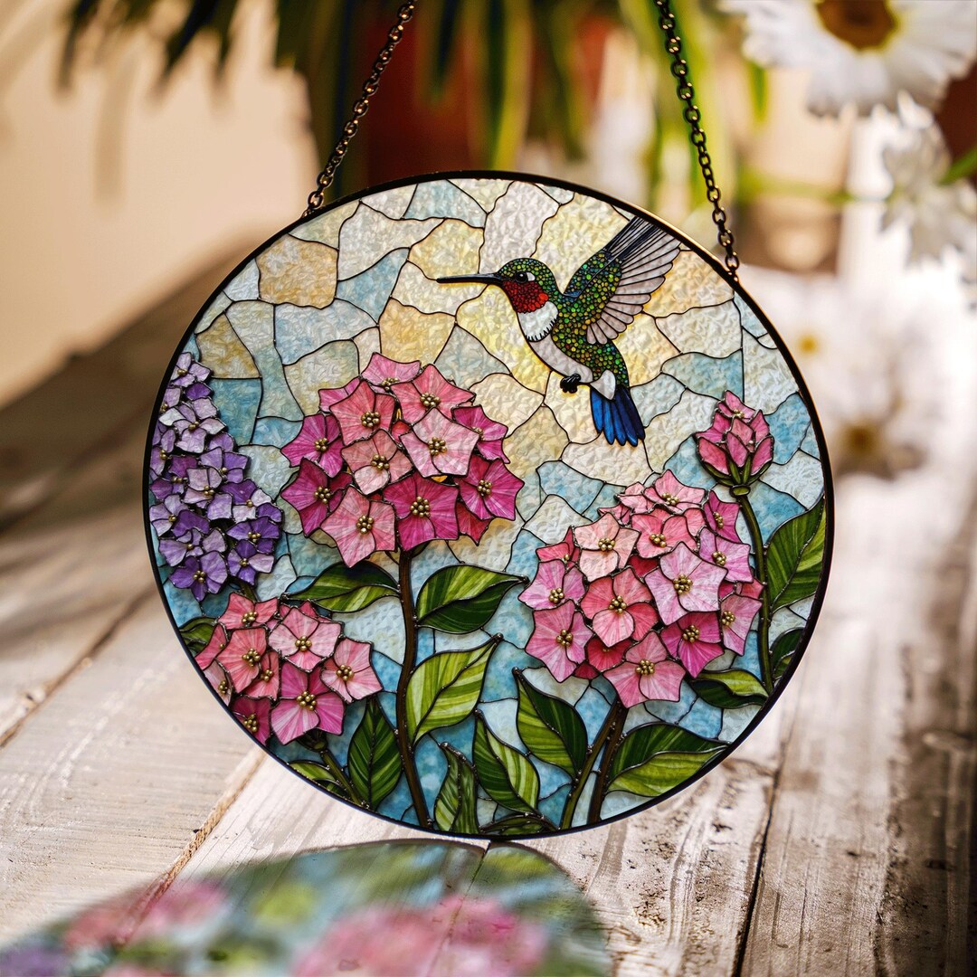 Hummingbird and Hydrangea Stained Glass Style Suncatcher Window Hanging ...